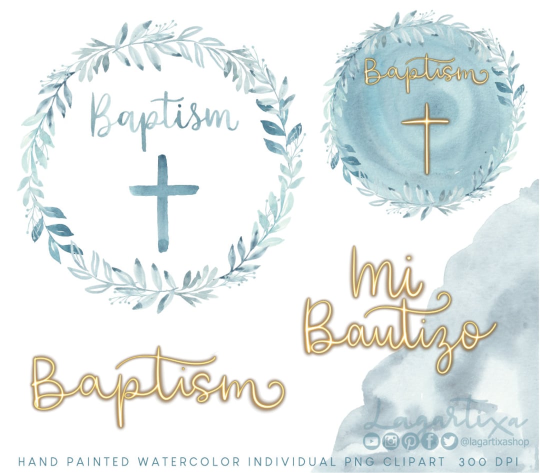 Blue Baptism Leaves Gold Lettering Leaves Wreath Watercolor Cross Hand ...