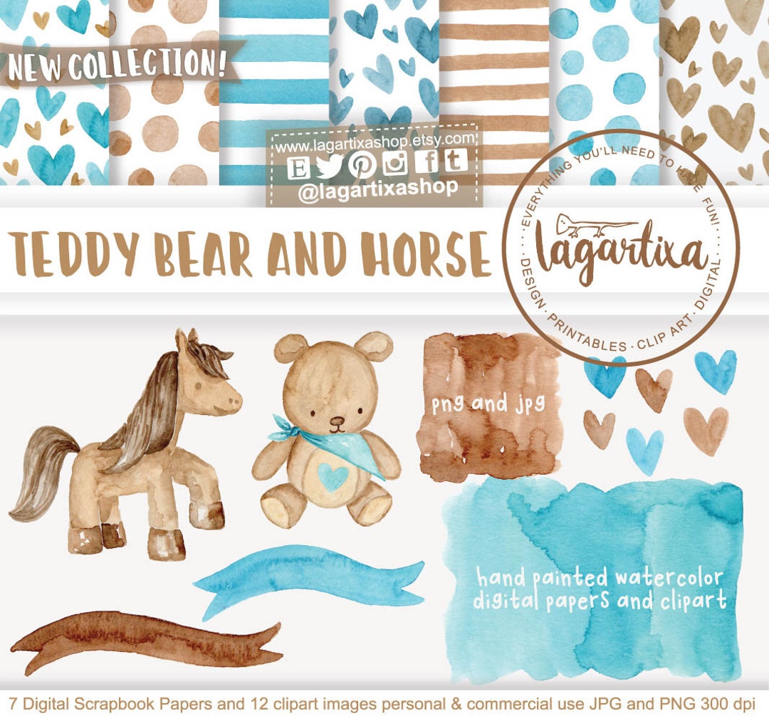 Teddy Bear Horse Watercolor Clip Art and Digital Papers, Pattern Baby ...