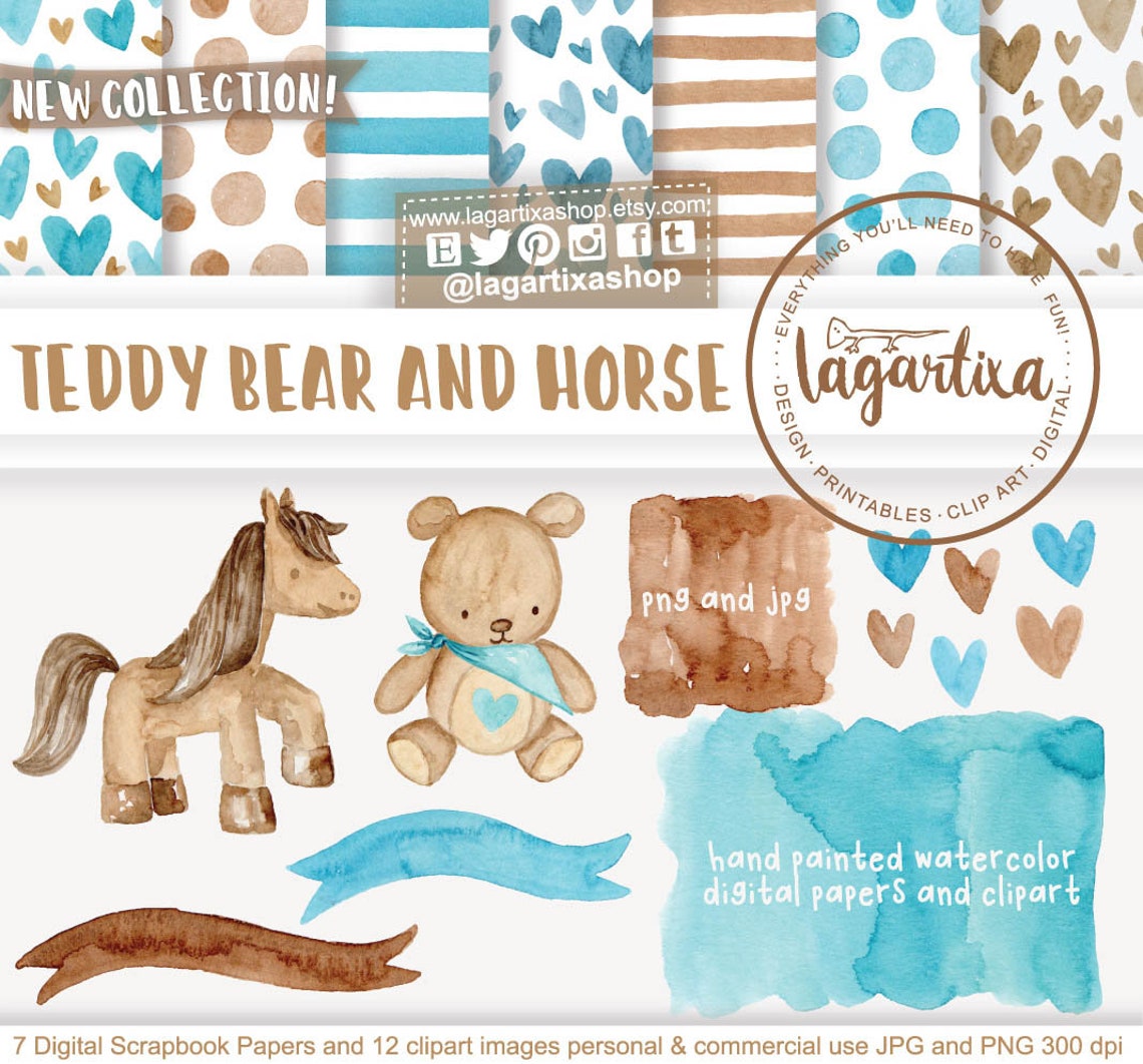 Teddy Bear Horse Watercolor Clip Art and Digital Papers - Etsy