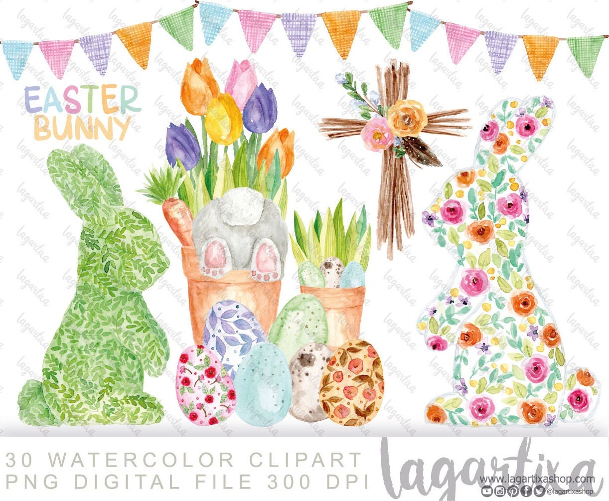 Easter Bunny Floral Watercolor Clipart PNG Hand Painted Cute | Etsy