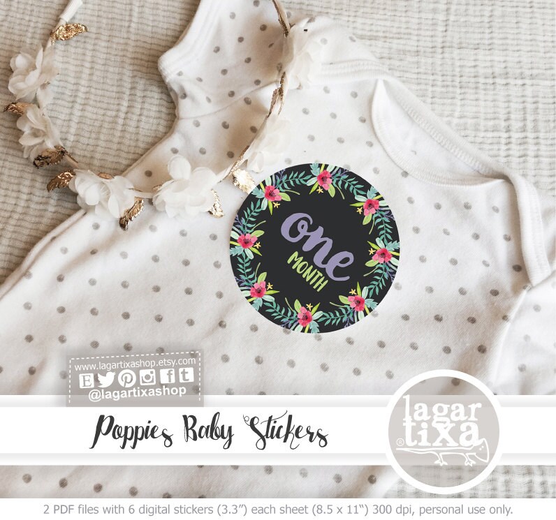 Monthly Baby Stickers Printables watercolor florals hand | Etsy