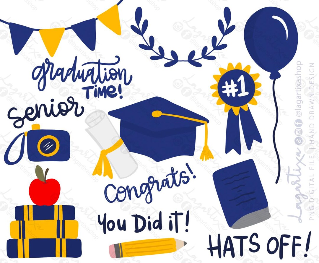 Graduation Blue Yellow Hand-drawn PNG Invitations Cards | Digital ...