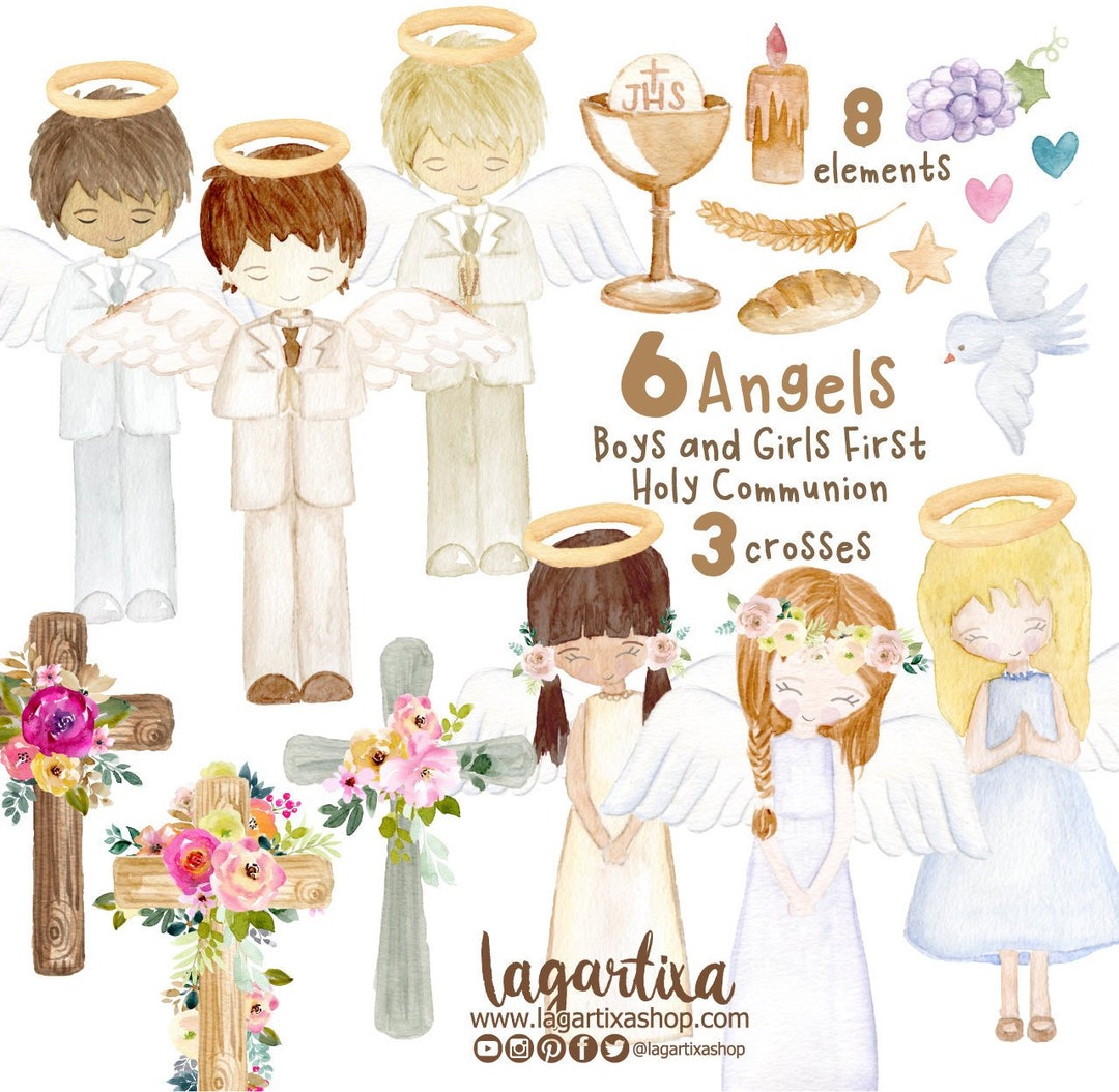 First Communion Watercolor Floral Girl Angel, Hand Painted, Clipart ...