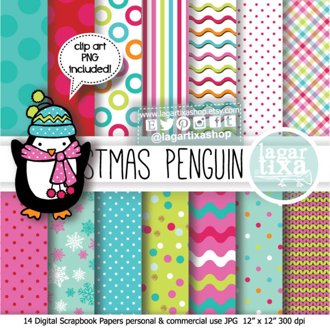 Christmas Penguin Patterns Chevron Hand Drawn Handmade Turquoise Pink ...