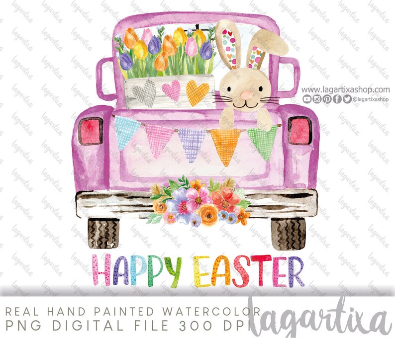 Happy Easter Bunny Floral Vintage Truck Tulips Wood Box Flowers Clipart ...