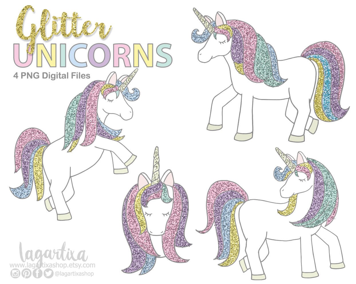 Pastel GLITTER Unicorn Clip art head runing mint purple | Etsy