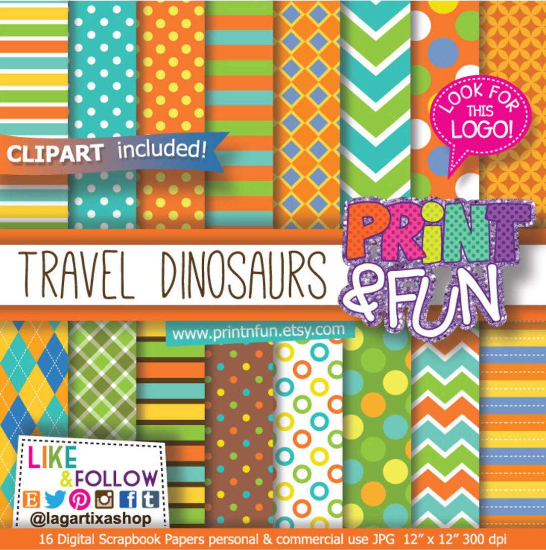 Dinosaurs Digital Paper Orange Green, Yellow, Turquoise Colors ...