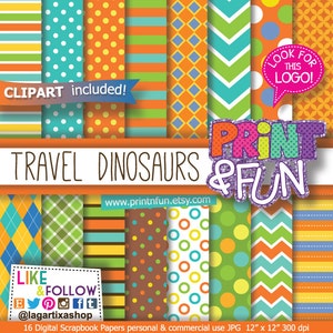 Dinosaurs Digital Paper Orange Green, Yellow, Turquoise Colors ...