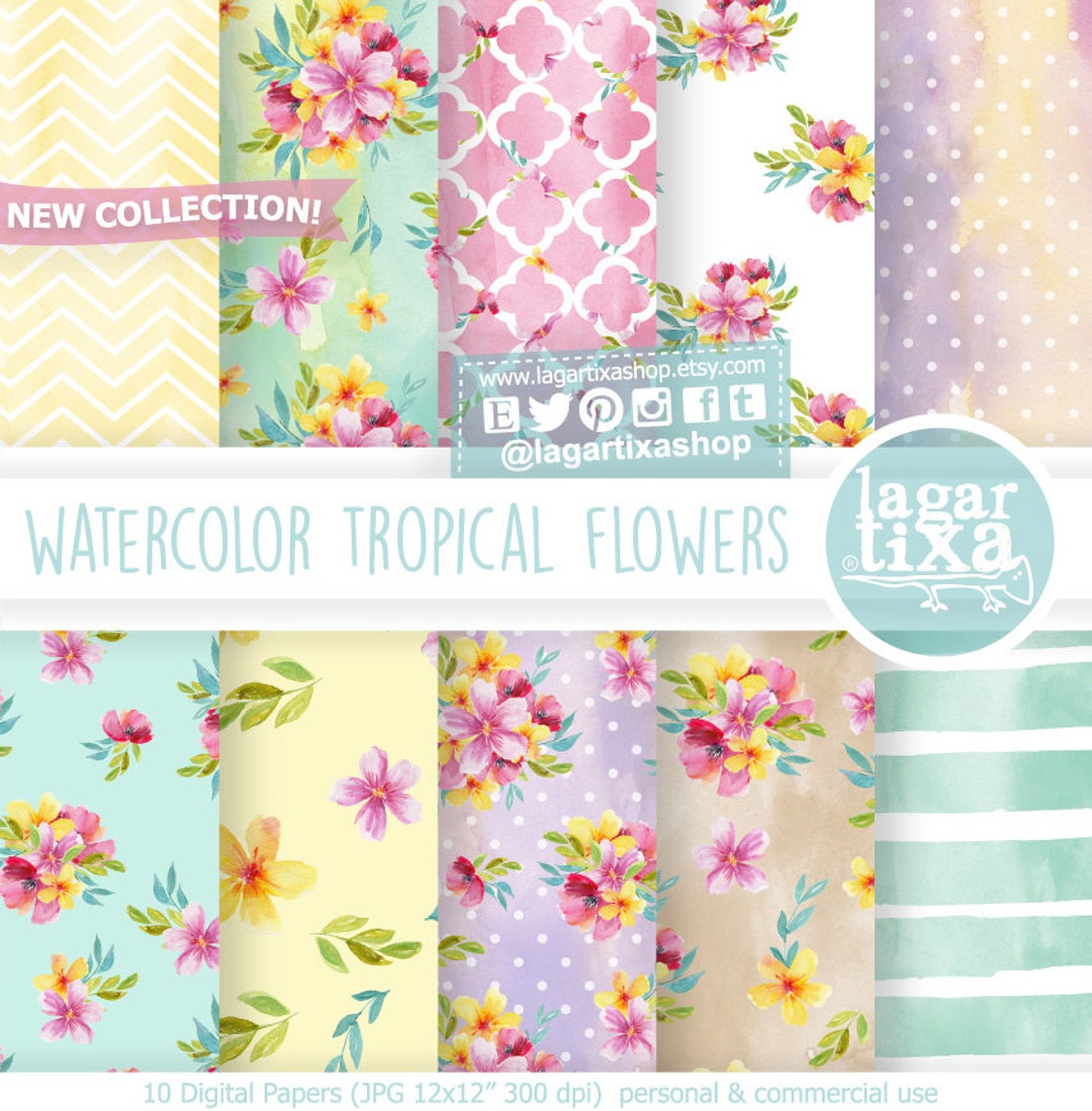 Watercolor Floral Digital Paper, Tropical Patterns, Pink, Turquoise ...