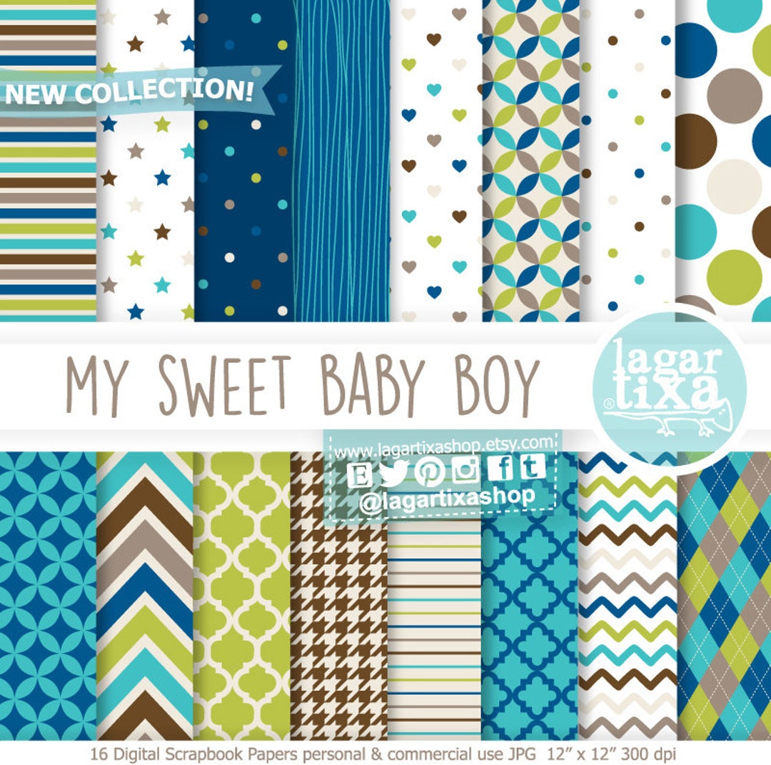 Baby Boy Digital Paper, Patterns, Blue, Turquoise, Green, Beige, Brown ...