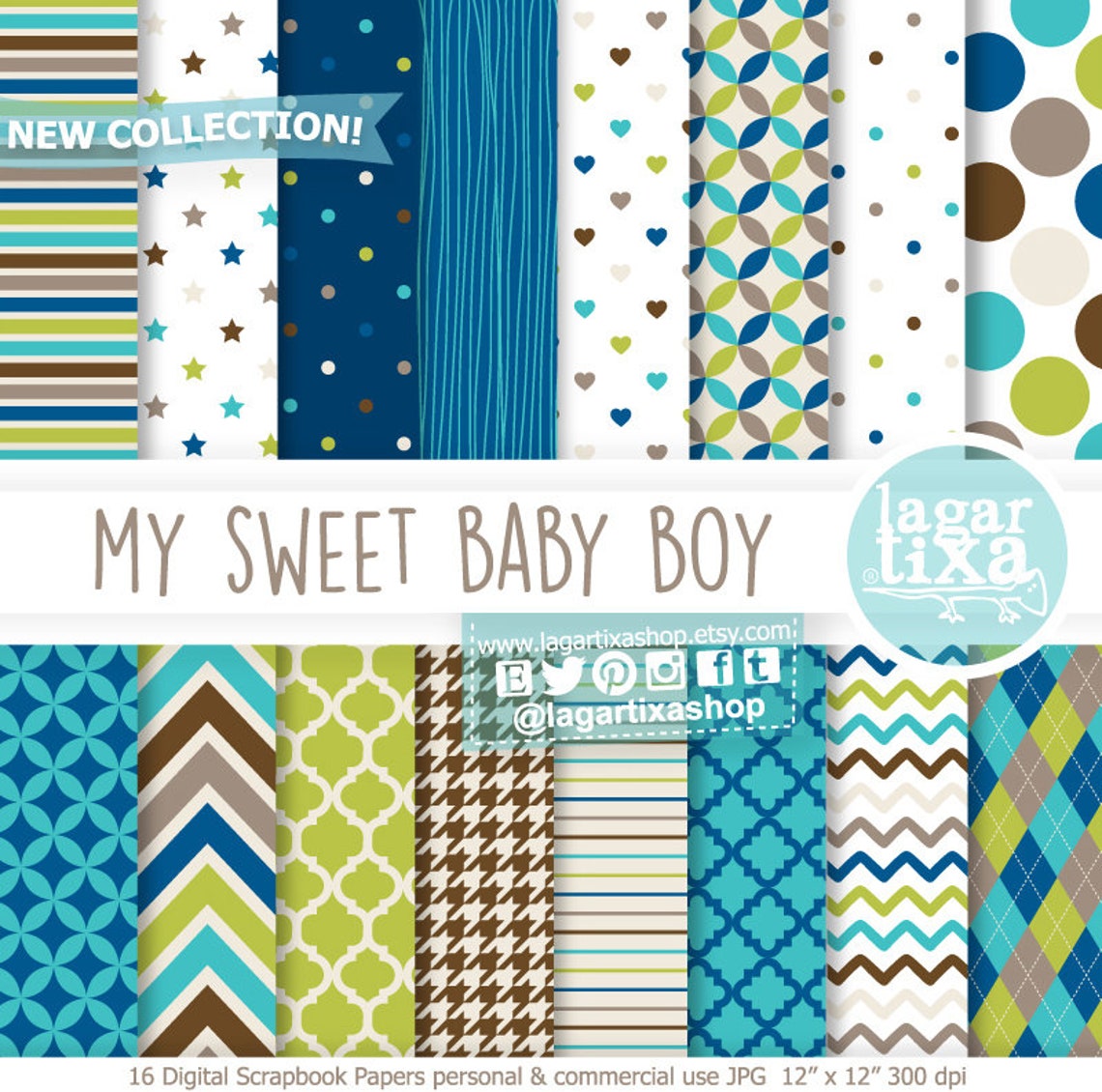 Baby Boy Digital Paper Patterns Blue Turquoise Green - Etsy