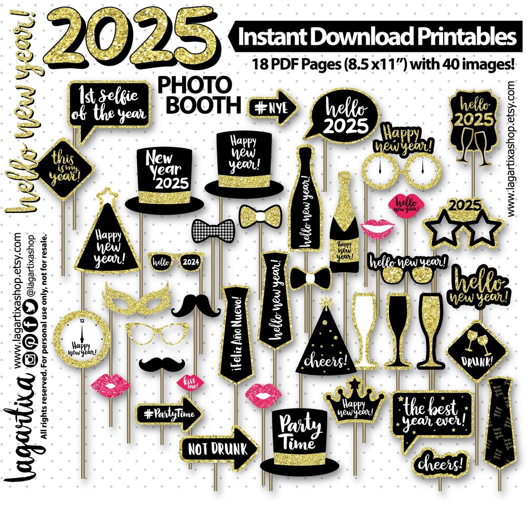 Photo Booth 2025 Props Printables Gold Glitter Black New Year's Eve ...