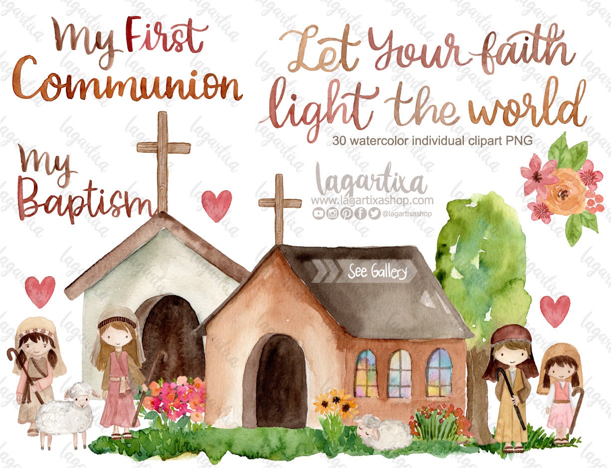 First Communion Baptism, Watercolor Religious Shepherd Boy and Girl ...