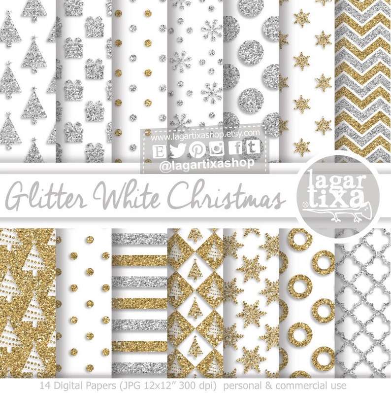 Gold & Silver Glitter White Christmas Digital Paper Patterns, Tree Snow ...