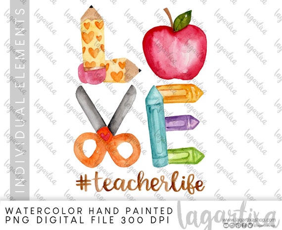 Teacher Apple Pencil Scissors Colors Watercolor LOVE Word Hand | Etsy