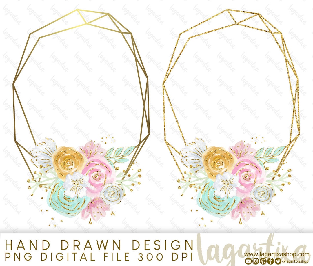 Watercolor Geometric Gold Glitter Frames, Flowers With Glitter, Clipart ...