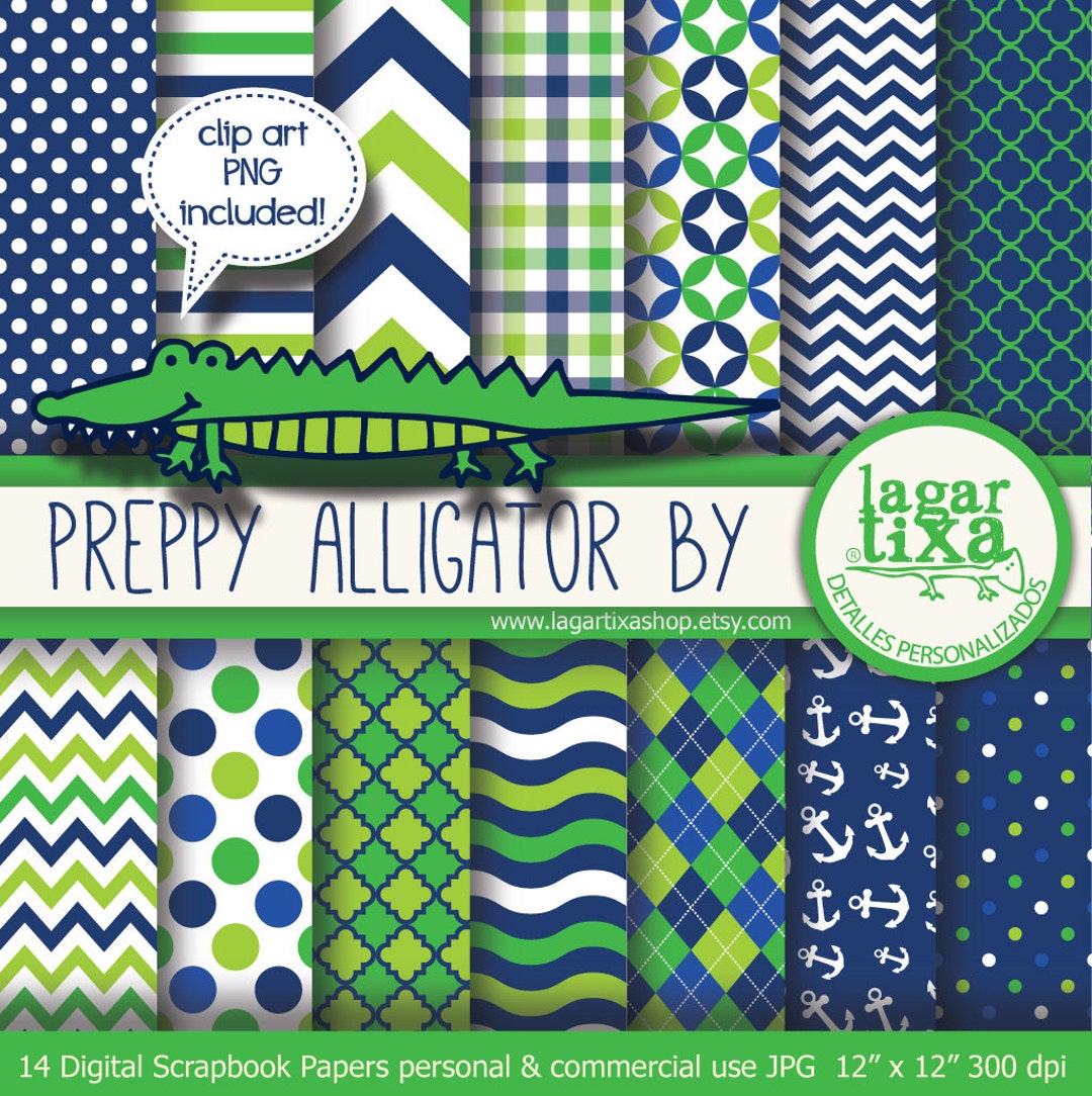 Preppy Alligator Digital Paper Green and Blue Polkadots, Chevrons Quatrefoil Argyle Patterns ...