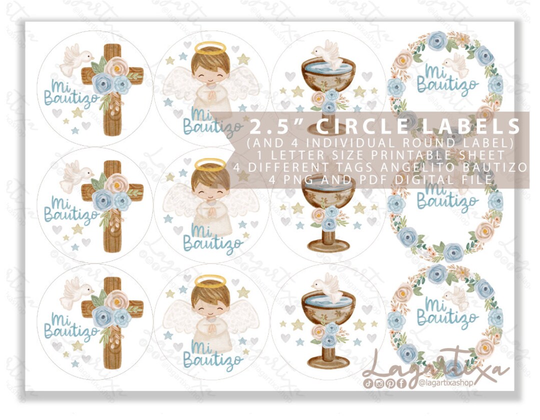 Angels Baptism Crosses Printable Circle Labels JPG 8.5x11" Watercolor ...