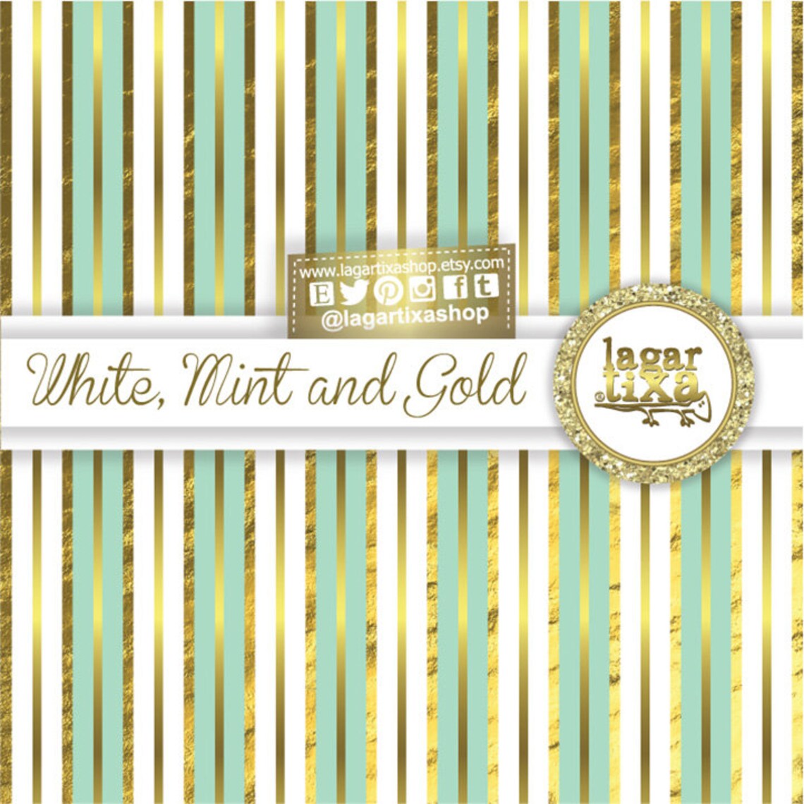Gold Foil Mint White Modern Patterns Digital Paper Background Chevron ...