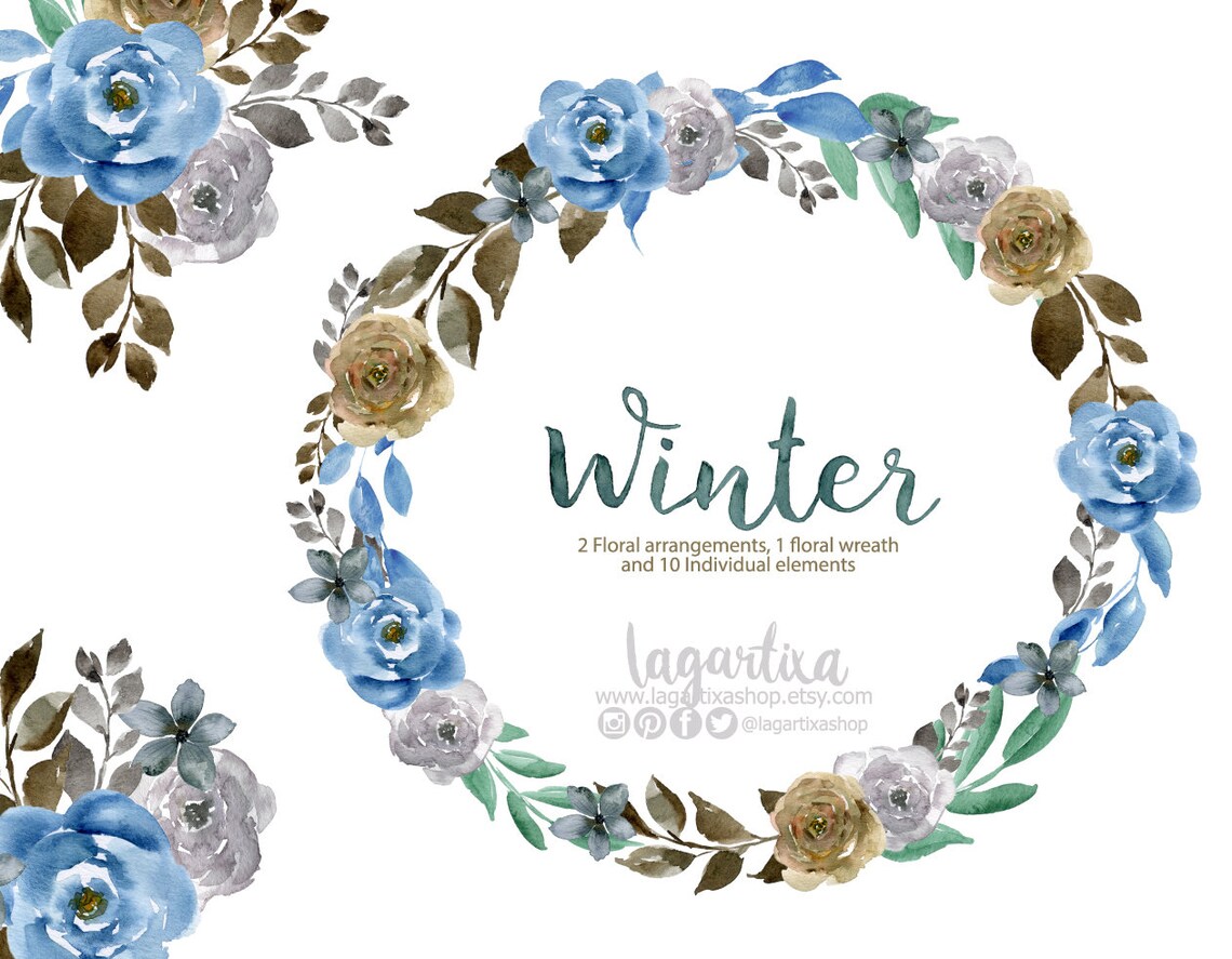 Grey Blue Winter Flowers Wreath Clipart Png Arrangements | Etsy