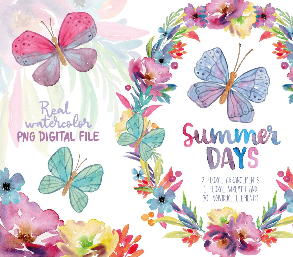 Butterflies Watercolor Florals Hand Painted PNG Clipart Images - Etsy