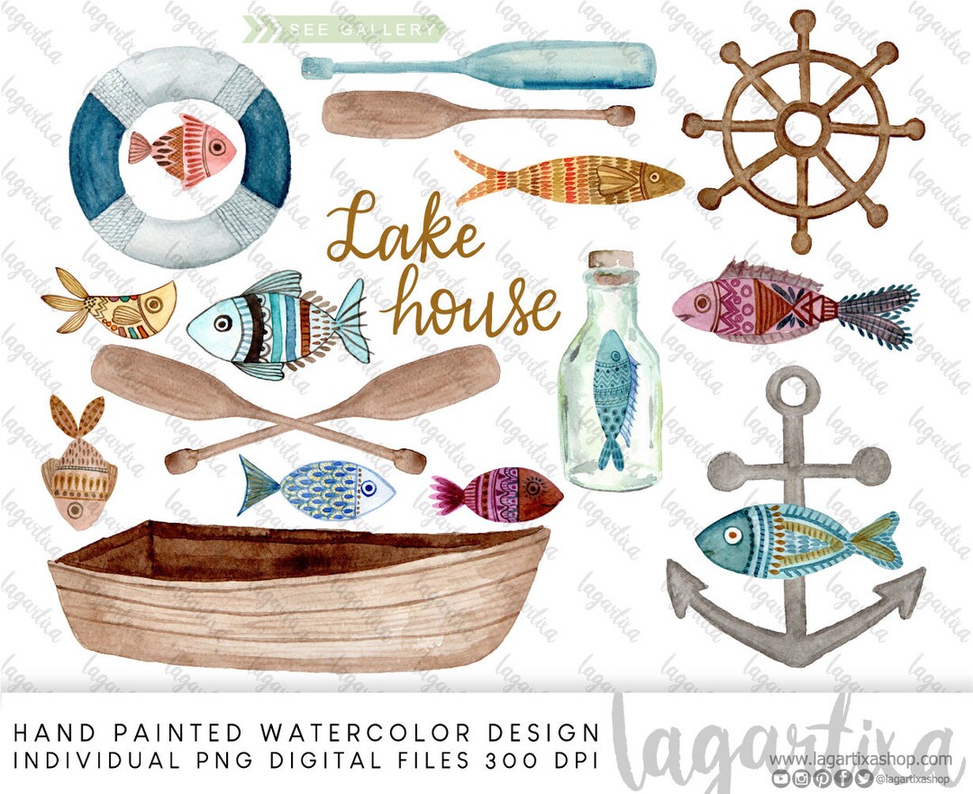 Nautical and Fishes Vintage Watercolor Clipart PNG Beige Navy Father's ...