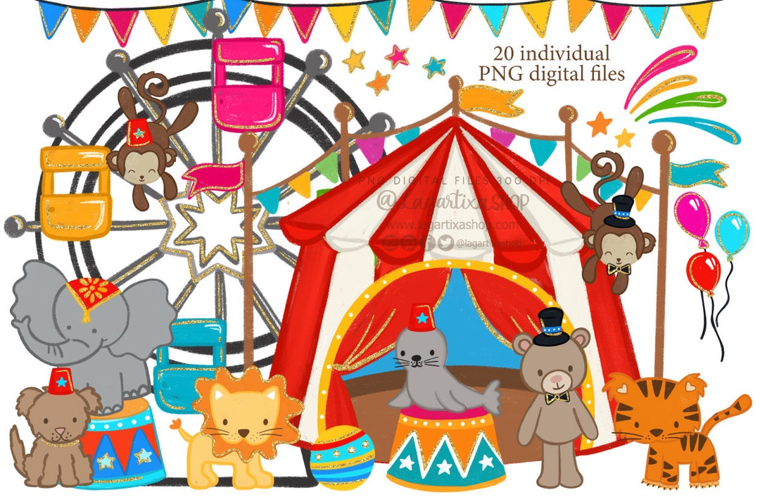 Circus Animals Hand Drawn Digital Design Lion Tiger Elephant Seal ...