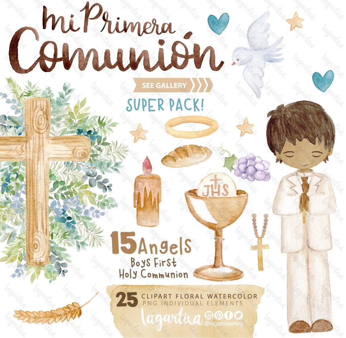 Watercolor Cross Boy First Holy Communion Brunette Blonde - Etsy