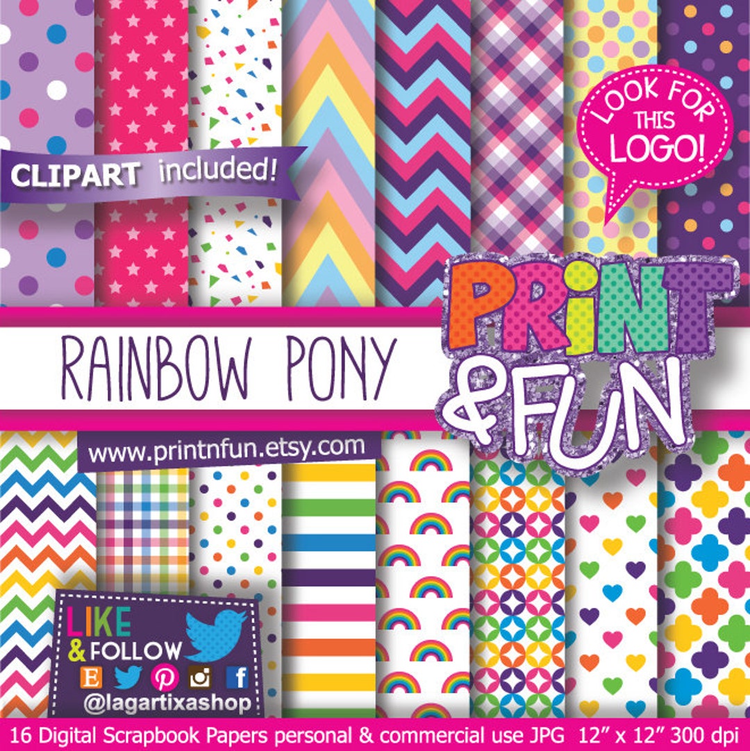 Rainbow Hot Pink Purple Digital Paper Baby Pony or Unicorns Girly ...
