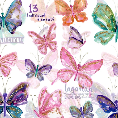 Butterflies Gold Glitter Colorful Hand Painted Watercolor | Etsy