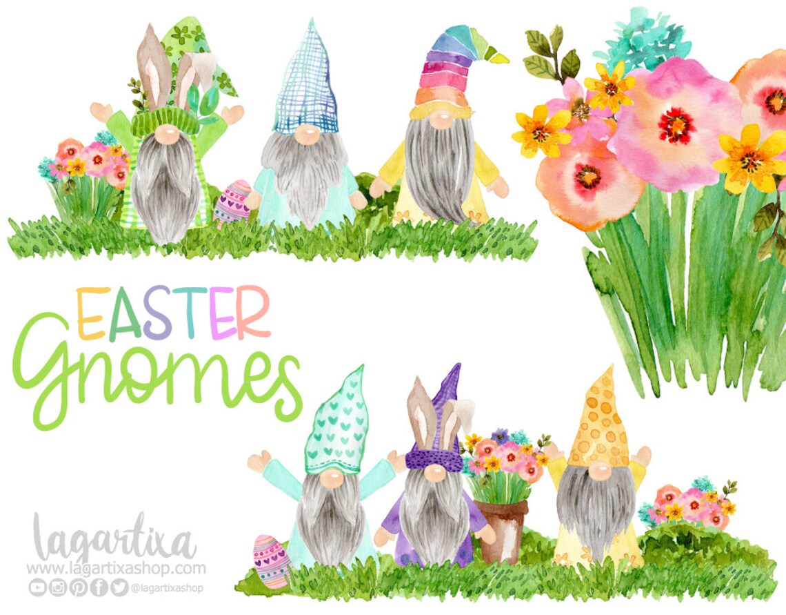 Spring Easter Cute Watercolor Gnomes With Flowers Bunny Ears - Etsy
