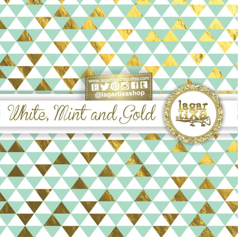 Gold Foil Mint White Modern Patterns Digital Paper Background Chevron ...