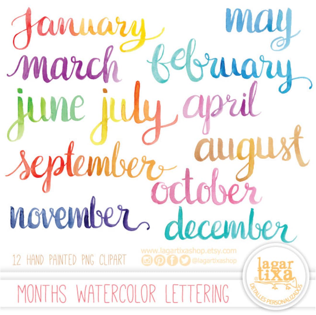 Months of the Year Watercolor Hand Painted Lettering Png Clipart for ...