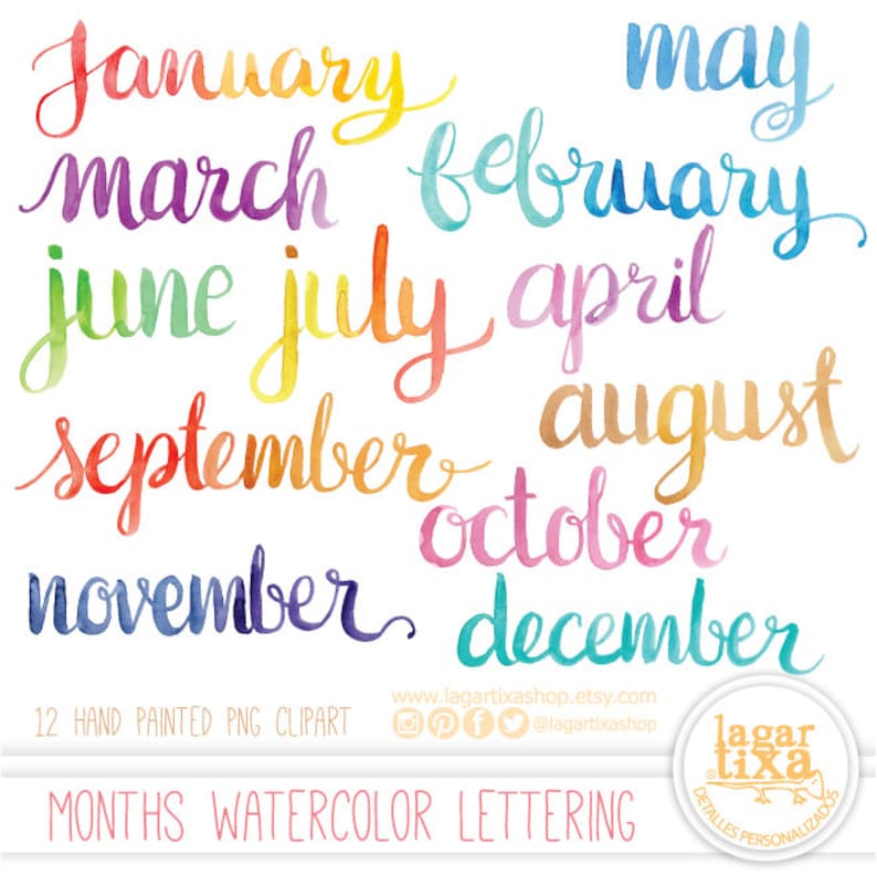 Months of the Year Watercolor Hand Painted Lettering Png - Etsy