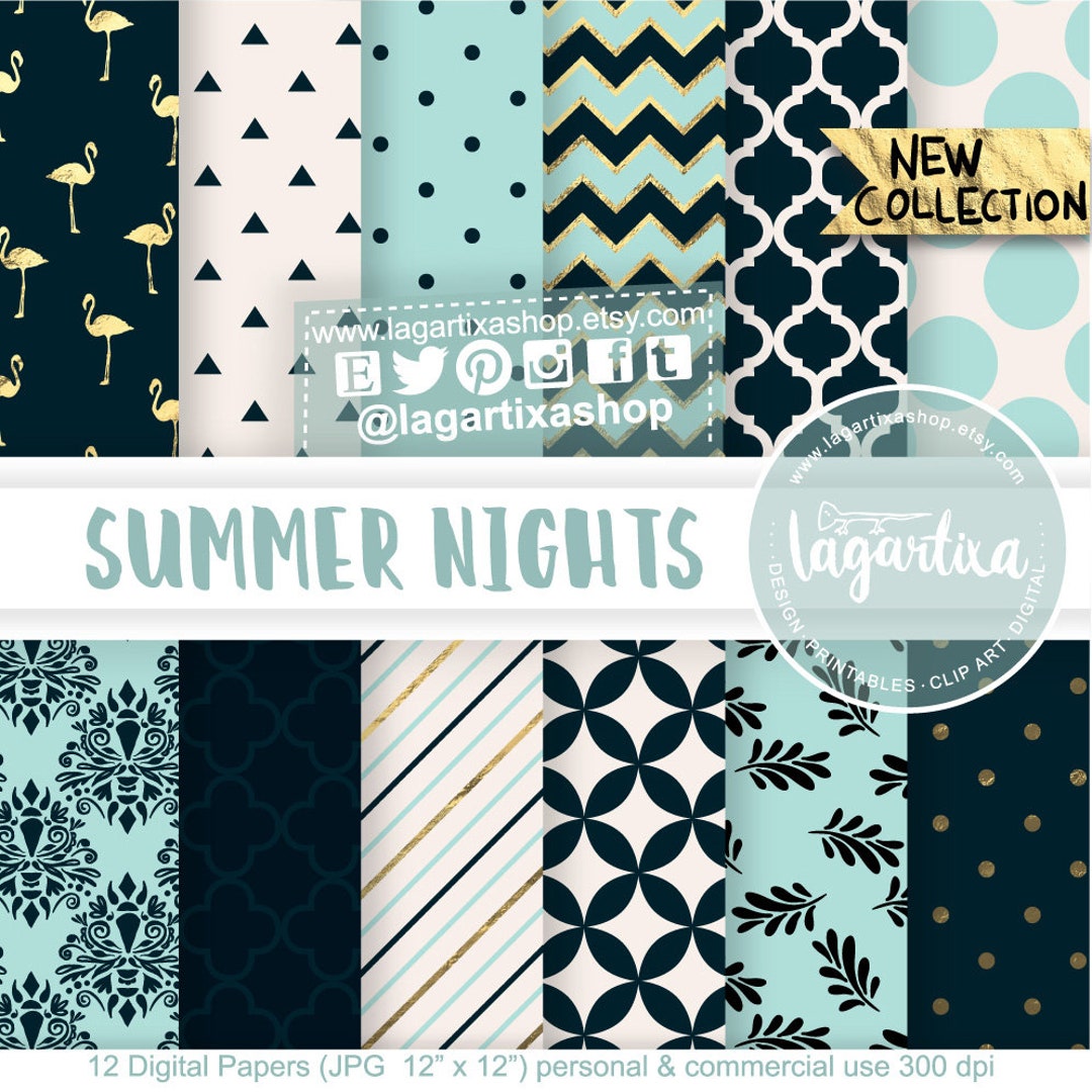 Navy Blue, Turquoise and Gold Foil, Digital Paper, Summer, Flamingos ...