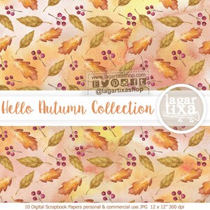 Autumn Fall Watercolor Leaves, Hand Painted Digital Papers, Rustic Wood ...