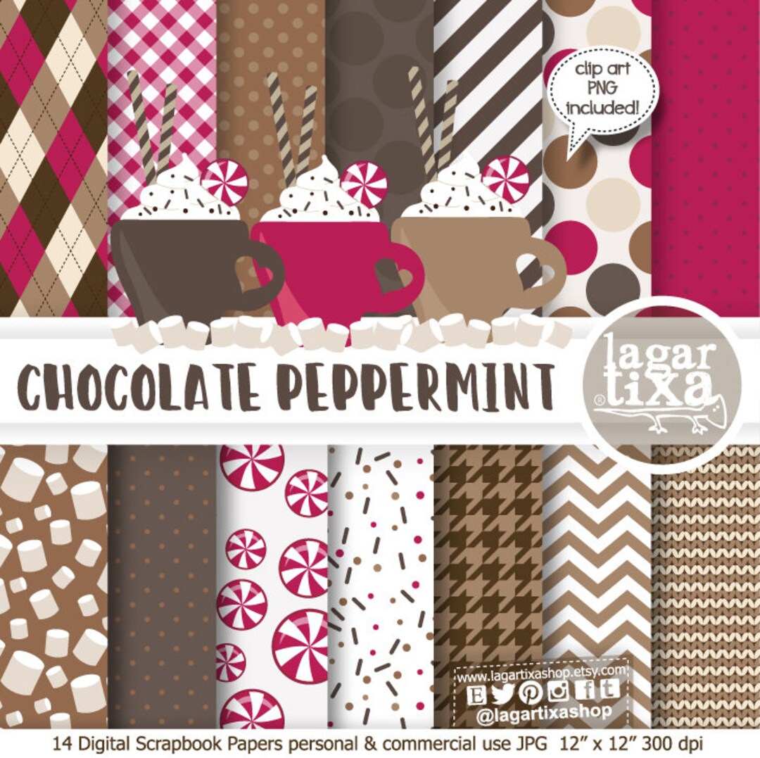 Christmas Chocolate Peppermint Digital Paper Clipart Cups of Latte for ...