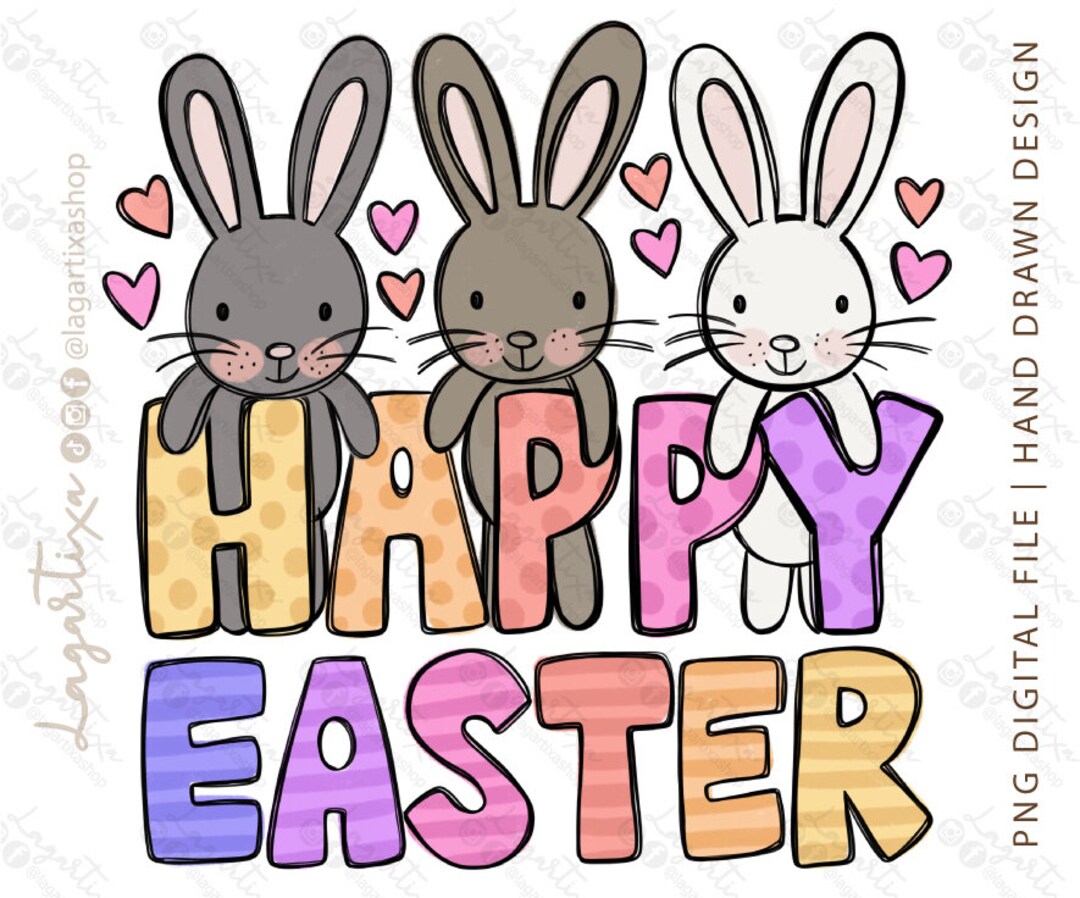Happy Easter Three Cute Rabbits Bunnies Hand Drawn Sublimation DTF ...