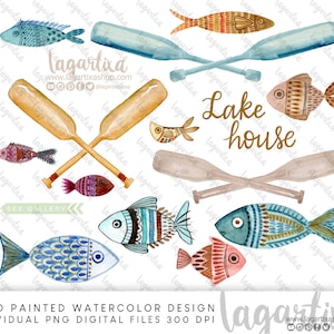 Nautical and Fishes Vintage Watercolor Clipart PNG Beige Navy Father's ...