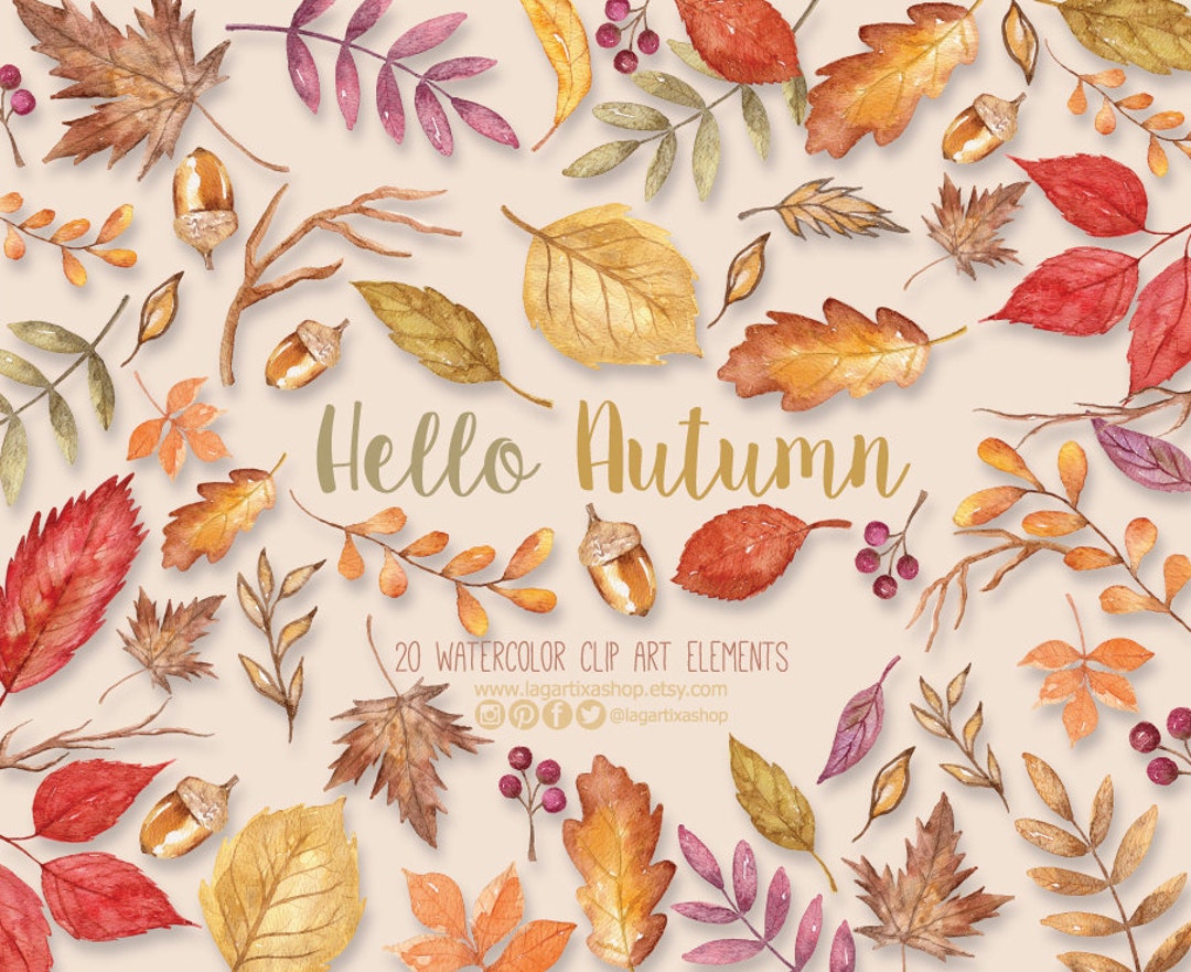 Autumn Leaves Watercolor Hand Painted Clip Art Fall Colors Brown Beige ...