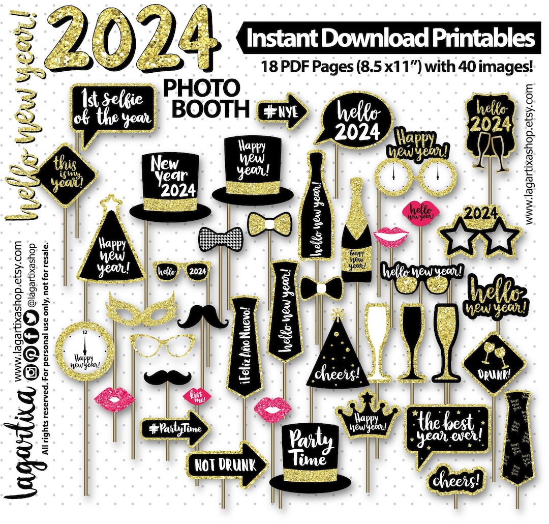 Photo Booth 2024 Props Printables Gold Glitter Black New - Etsy UK