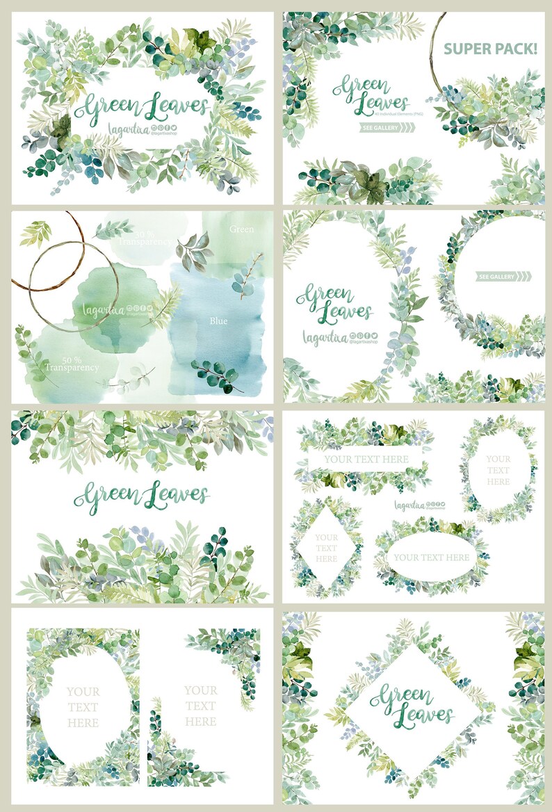 Green Leaves Greenery Bundle Super Pack Green Watercolor - Etsy