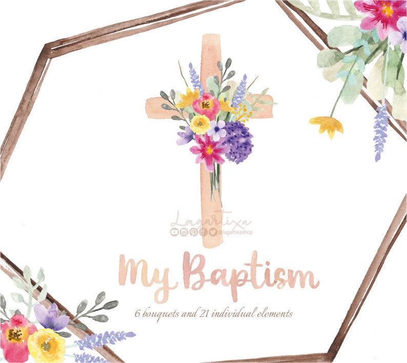 Baptism Crosses Floral Watercolor Clipart Wood Frame PNG - Etsy
