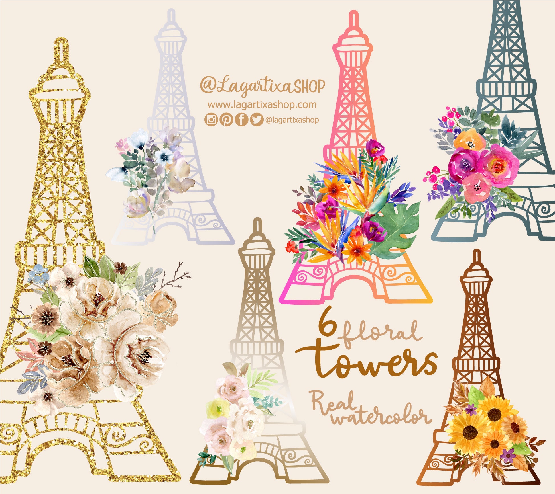 Paris Eiffel Tower Floral hand painted Watercolor Clipart PNG - Etsy España