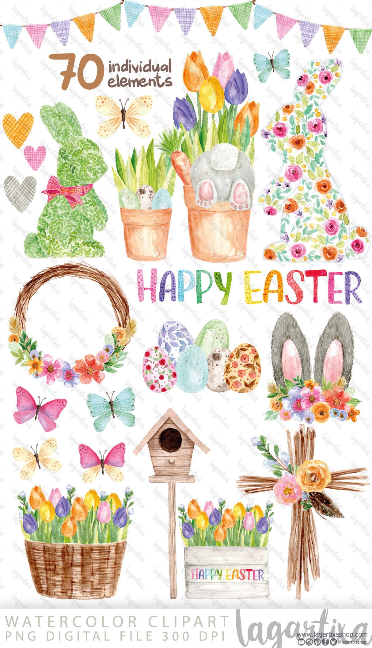 Easter Bunny Floral Watercolor Clipart PNG Hand Painted Cute | Etsy