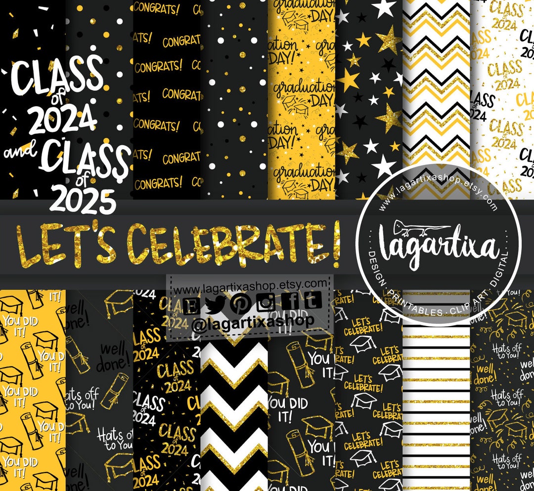 Graduation class of 2024 Digital Paper Black Gold Glitter Graduation ...