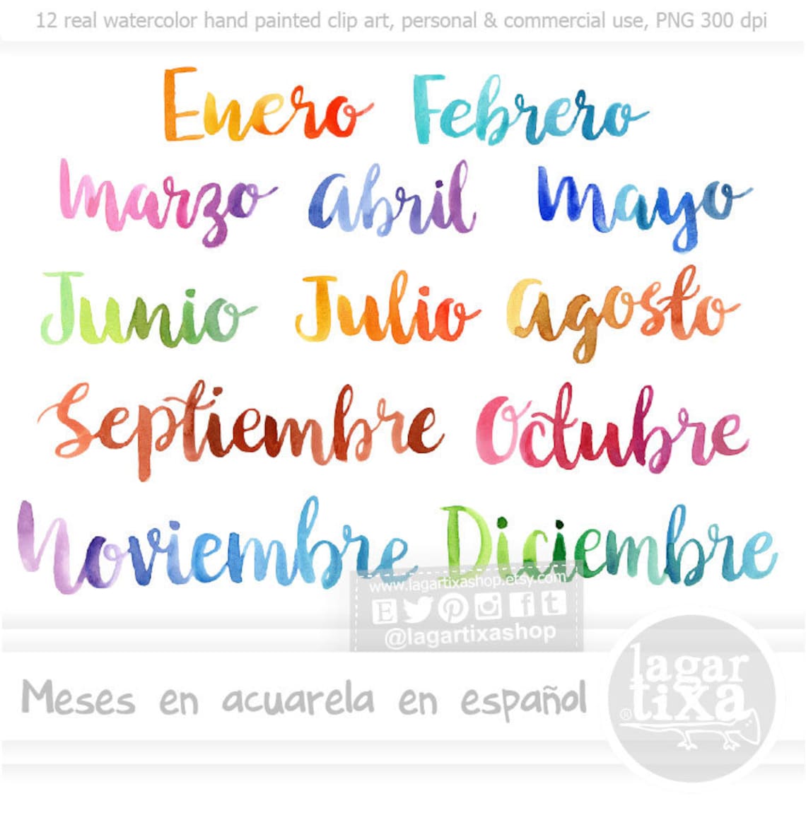 Meses del Año español Letras en Acuarela cursiva PNG Clipart - Etsy México