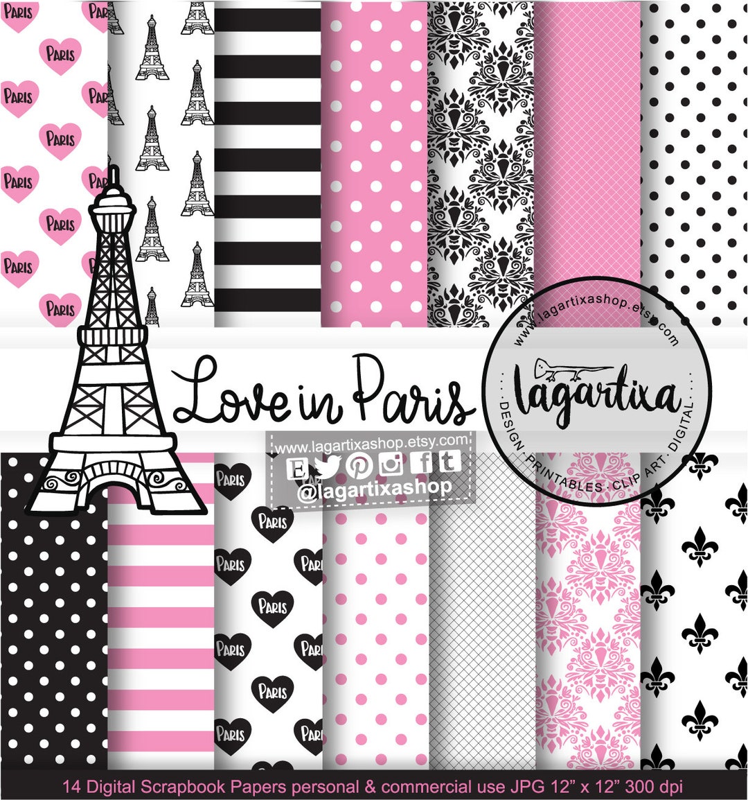 Pink Black Paris France Digital Paper Eiffel Tower White Polka Dots ...