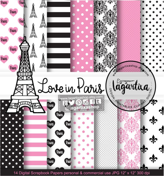 Pink Black Paris France Digital Paper Eiffel Tower White Polka | Etsy