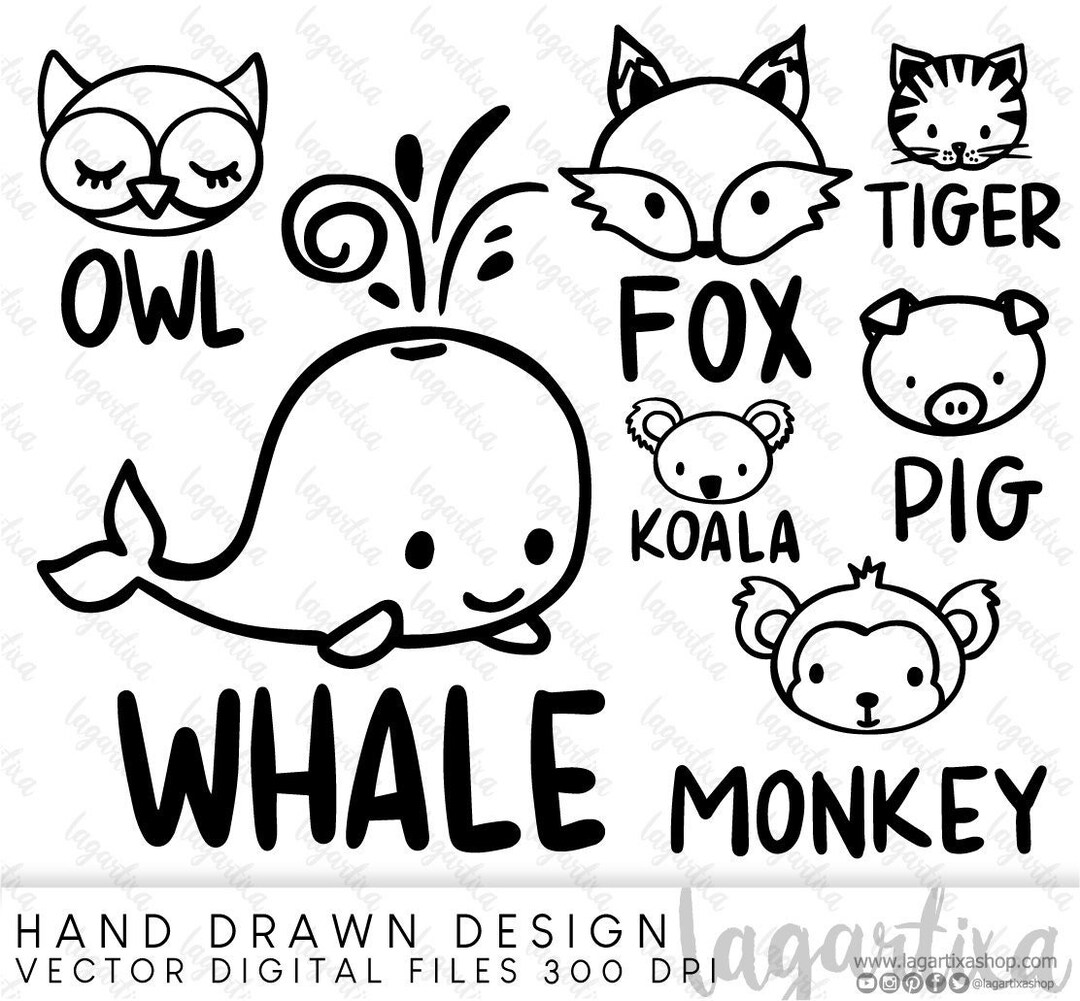 Cut Files Animal Heads Clipart PNG Hand Drawn Doodles Art Pig Mouse ...